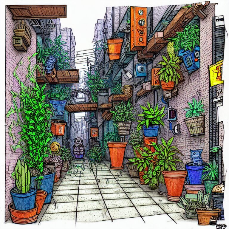 Lexica - An absurdly-detailed cyberpunk alleyway colored-pen drawing as ...