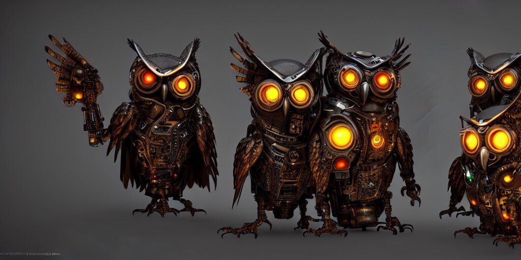 Lexica - Giant evil, malevolent, cyborg owls snuggling, surrounded by computer screens ...