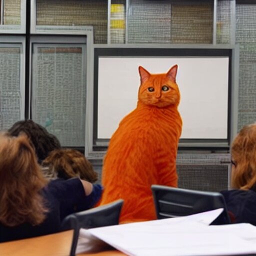 Lexica - An orange cat, with glasses on, teaching a philosophy class