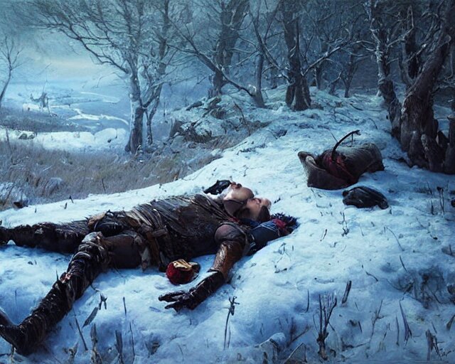 Lexica - Highly realistic oil painting of a wounded knight lying in the ...