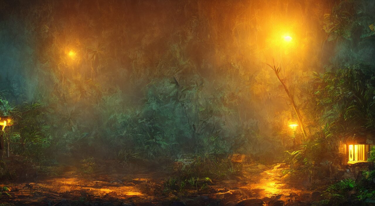 Lexica - lot torch by night in the tropical jungle the wall wood ...