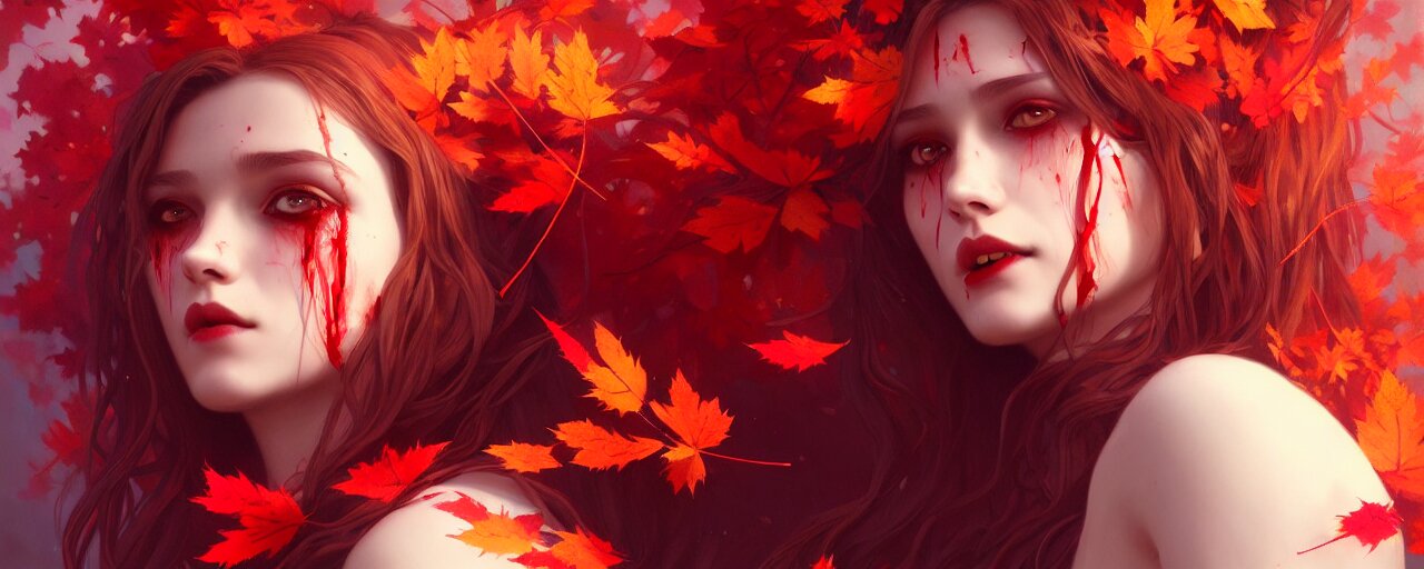 Lexica - Girl with with hair becoming autumn red leaves trees, vampires ...