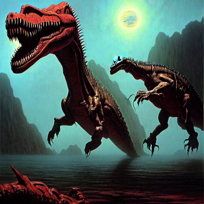 Lexica - Cinematic poster of t rex fighting a spinosaurus, dark fantasy ...