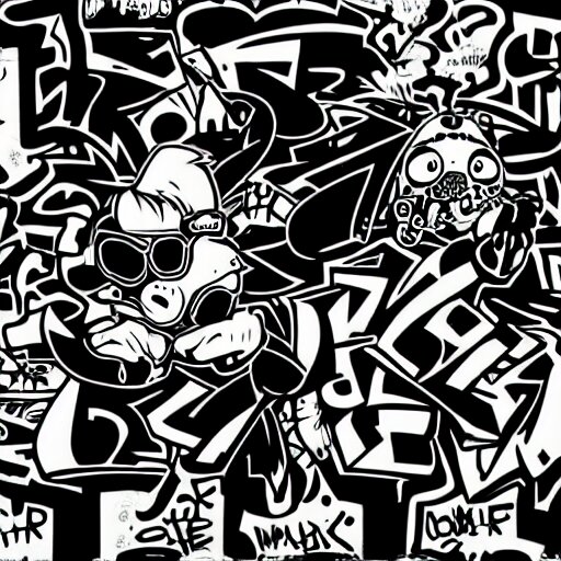 Lexica - Zef design black and white color scheme, graffiti, cute characters