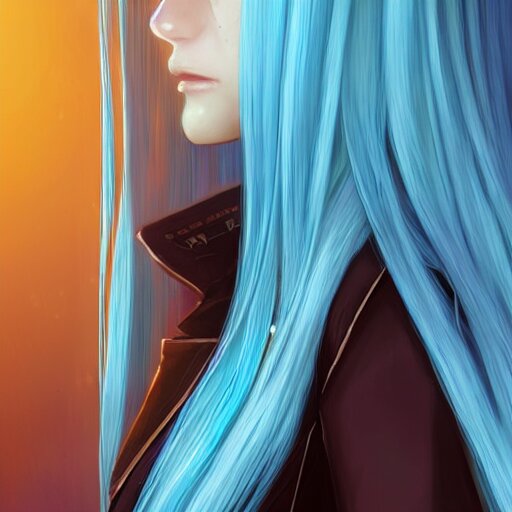 Lexica - Side profile of rimuru tempest with sky blue hair, long hair ...