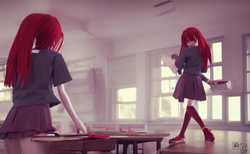 Lexica - School girl with red hair on the classroom, gloomy and foggy atmosphere, octane render ...