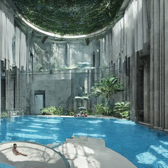 a room with a pool in the middle of it, a digital rendering by r ...
