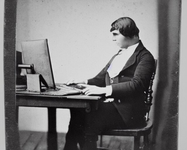 Lexica - An early 1800s photo of someone sitting at a computer looking ...