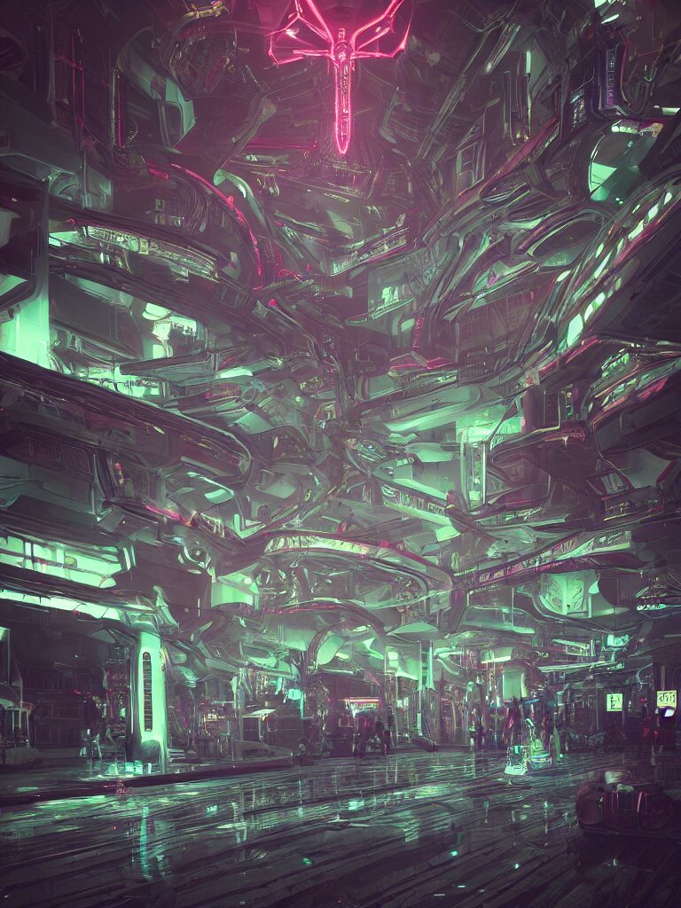 Lexica - Futuristic gothic interior of a busy spaceport on an alien ...