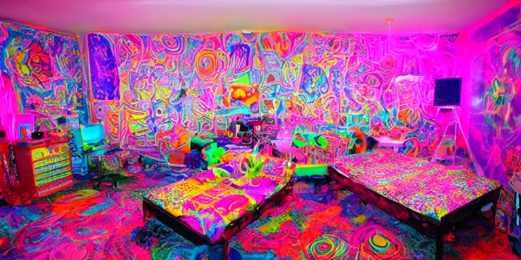 Lexica - A cluttered psychedelic 90s room with a blacklight and glowing ...