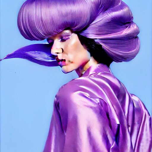 Lexica - Portrait of a woman wearing a light purple silk robe, blue sky ...