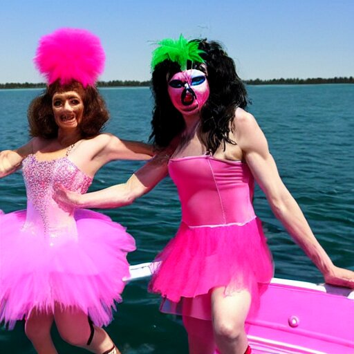Lexica - ( putin as old gregg ) wearing a pink tutu, on a boat on a lake