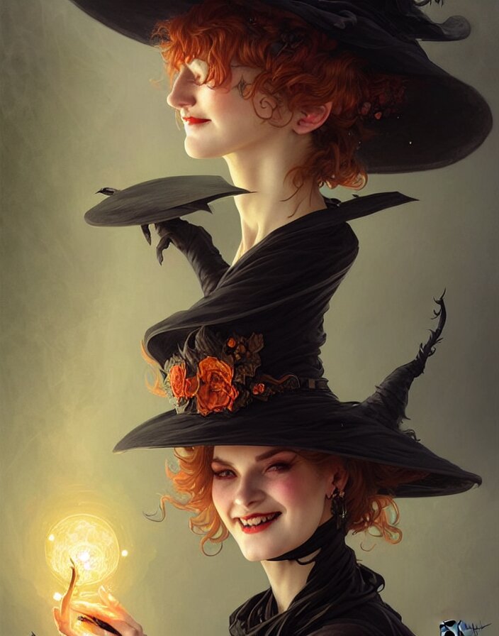 halloween witch woman in a hat smiles, fantasy magic, undercut h ...