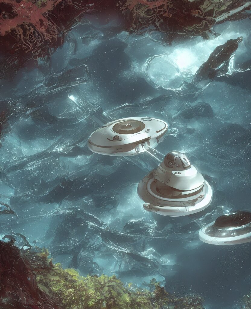 Lexica - White disc - shaped spacecraft submarine, fusion of subnautica ...