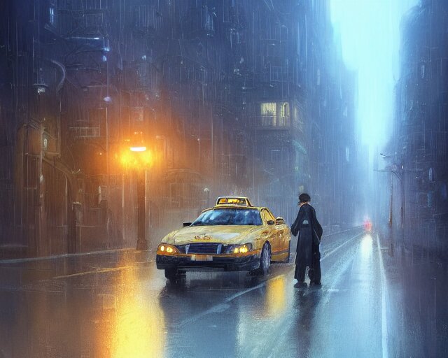 Lexica - One single taxi cab driving down a rainy country road ...