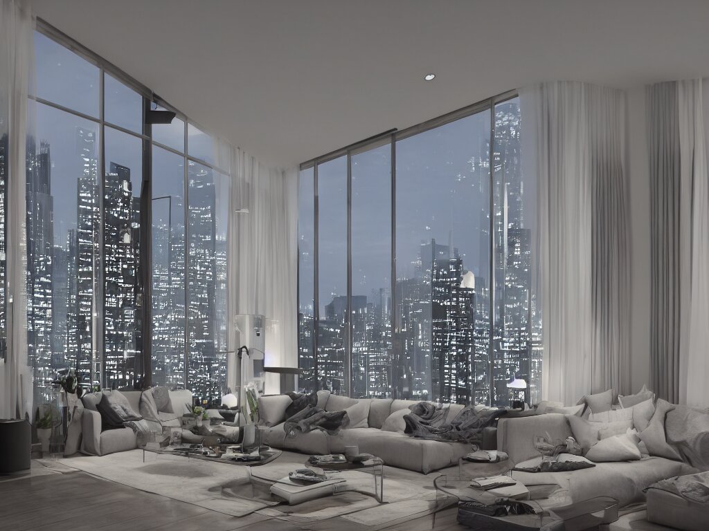 a Photorealistic hyperrealistic interior night time render of a ...