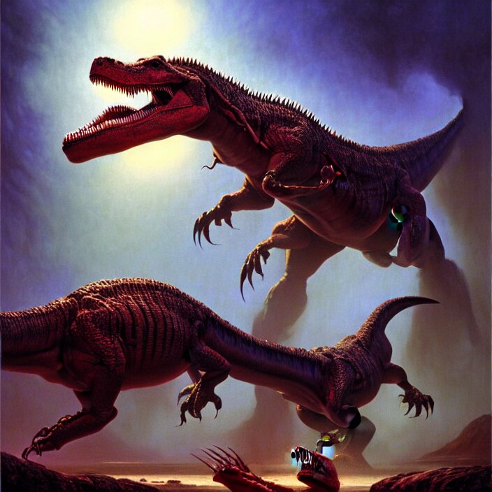 Lexica - Cinematic poster of t rex fighting a spinosaurus, dark fantasy ...