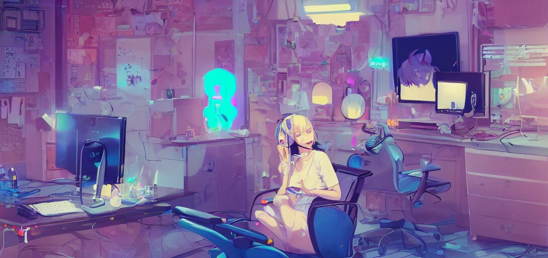 Lexica - A blond woman with cat ear headphones, sitting in front of ...