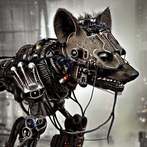 robotic cyberpunk hyena, many wires and metal exposed, realistic ...