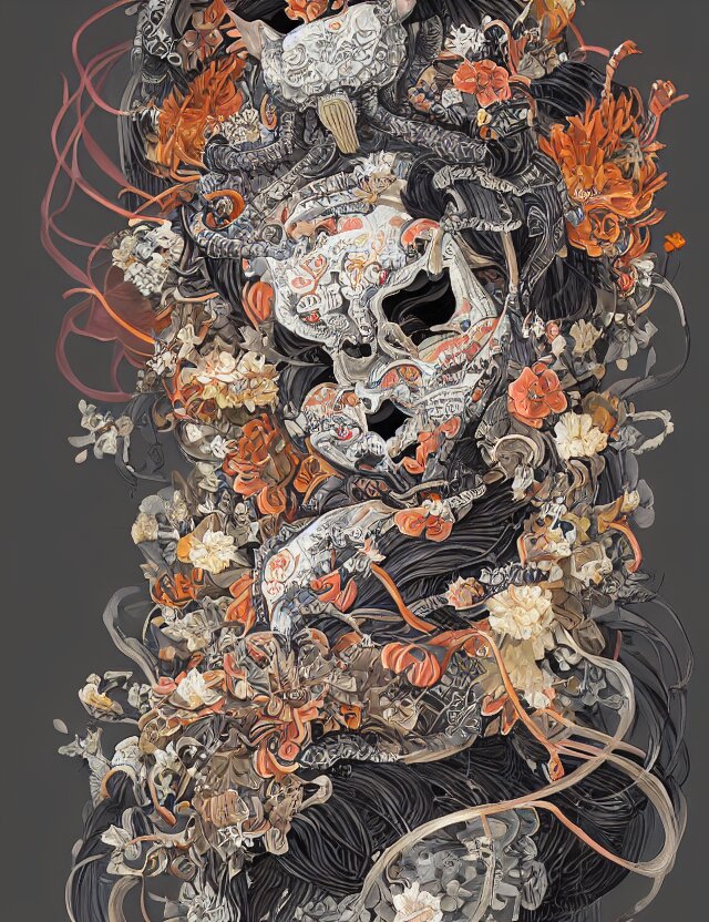 Lexica - Portrait beautiful samurai goddess with ram skull. beautiful ...