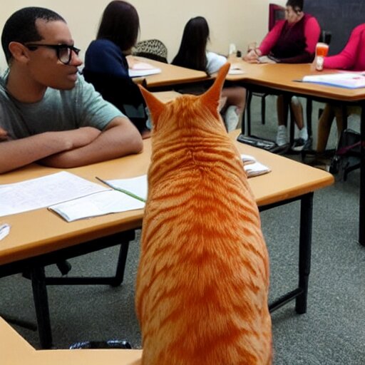 Lexica - An orange cat, with glasses on, teaching a philosophy class