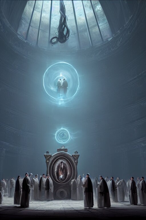 Lexica - Center view of a group of priest in circle invoking an hyper ...