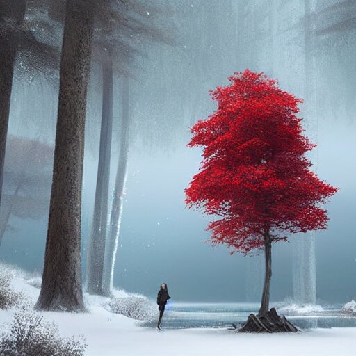 Lexica - A single red tree on a small island in a mountain lake ...