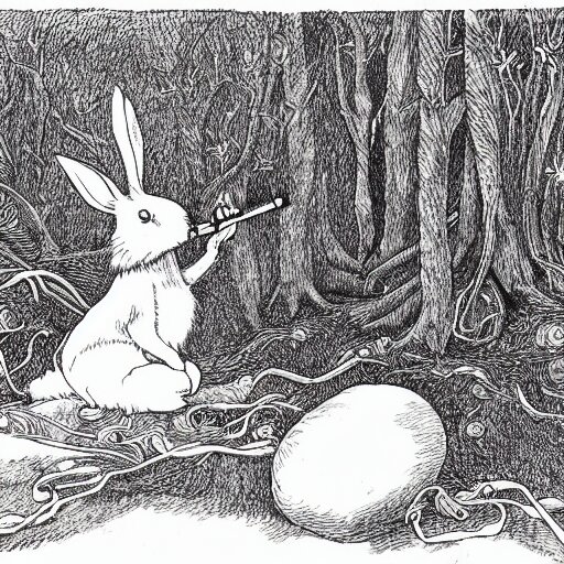 Lexica - A pen and ink drawing of a white rabbit smoking a cigarette ...