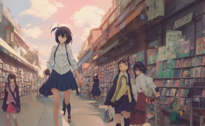 Lexica - One single high school anime girl shopping on a book store. by ...