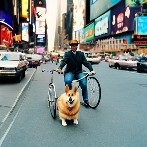 Lexica - A photo of a Corgi dog riding a bike in Times Square wearing ...