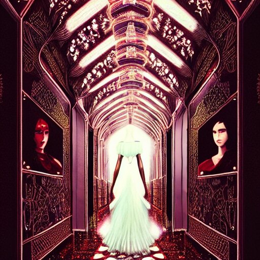 Lexica - Beautiful girl in intricate clothing walking through a hallway ...