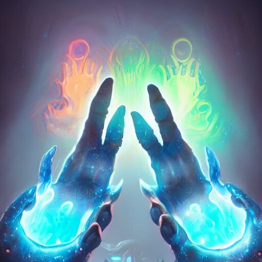 glowing magic hands with fingers floating in the air, hands, fin ...