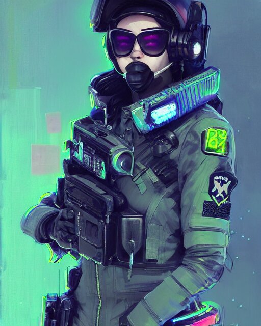 detailed neon female swat officer flying a jet, cyberpunk futuri ...