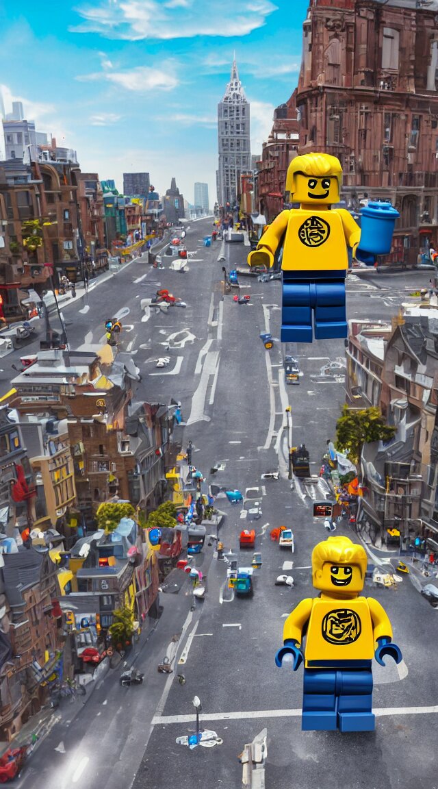 hyperrealistic giant enormous lego minifigure walking over city ...