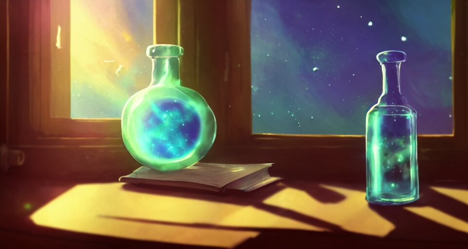 Lexica - Arcane style, one single colorful potion in a round bottle ...