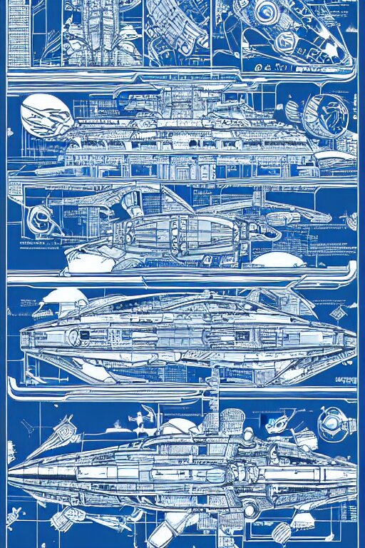 intricately detailed blueprint of a cruiser class spaceship by J ...