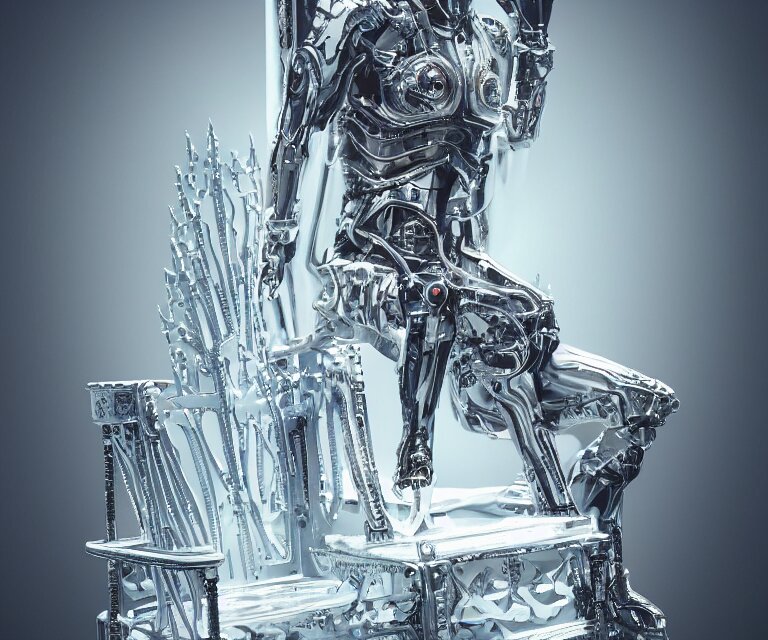 Lexica - Translucent cyborg sitting on an aluminum throne, futuristic ...