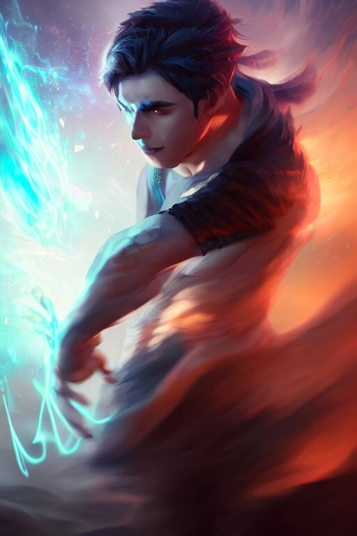 a human elemental sorcerer, blurred environment background, epic ...
