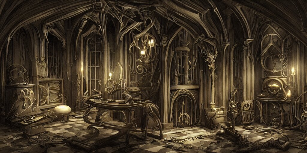 Lexica - Dark sinister vampire lair interior by Michael Parkes, library ...