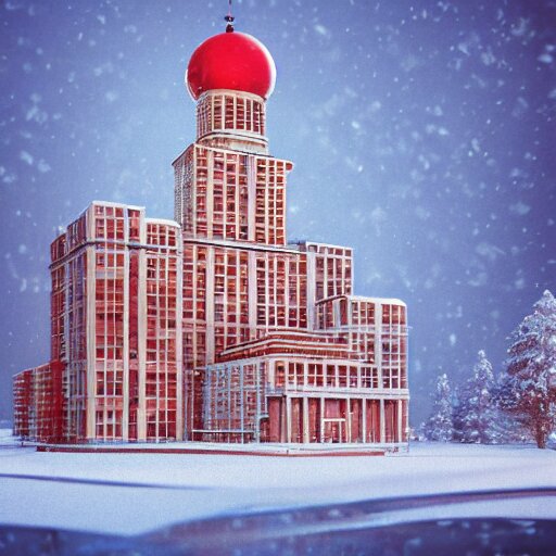 a snow globe with a soviet building in it, a computer rendering ...