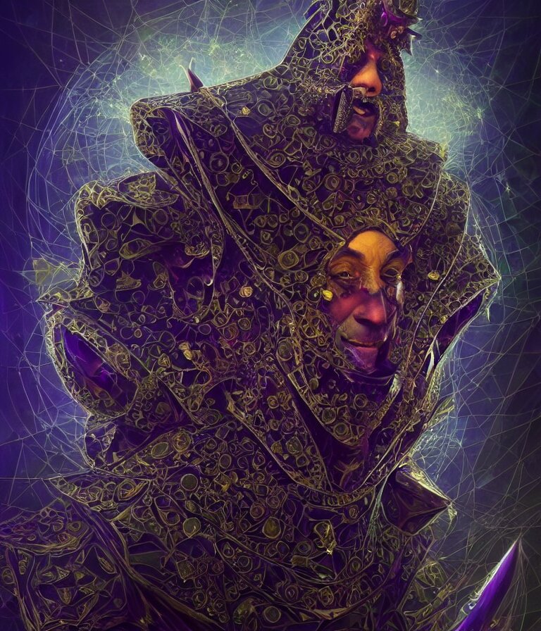Lexica - Front!!! shot of a court jester!!! character, mesmerizing fractal hypercubes, dark ...