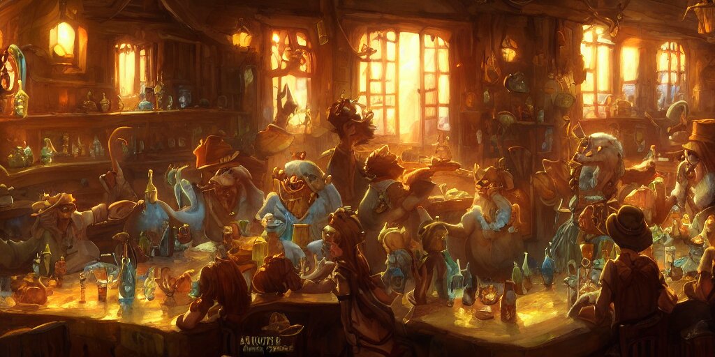 Lexica - Tavern scene, cinematic, Victorian, by Tony Sart and Anato ...