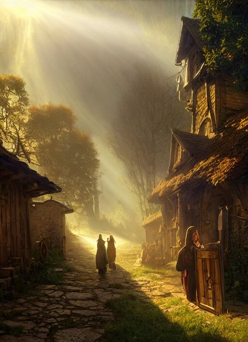 Lexica - Small poor medieval village, mist, sunrays, dust in the air ...