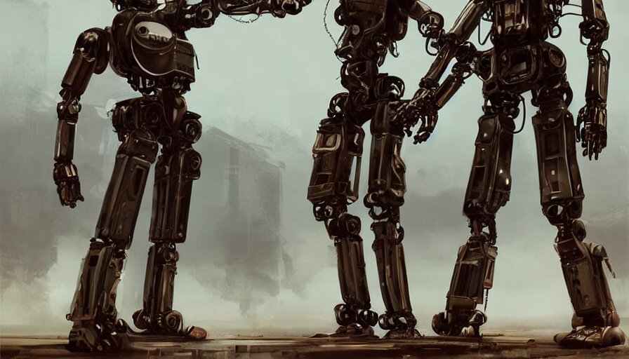 Lexica - Dieselpunk Illustration of two humanoid robots holding hands ...