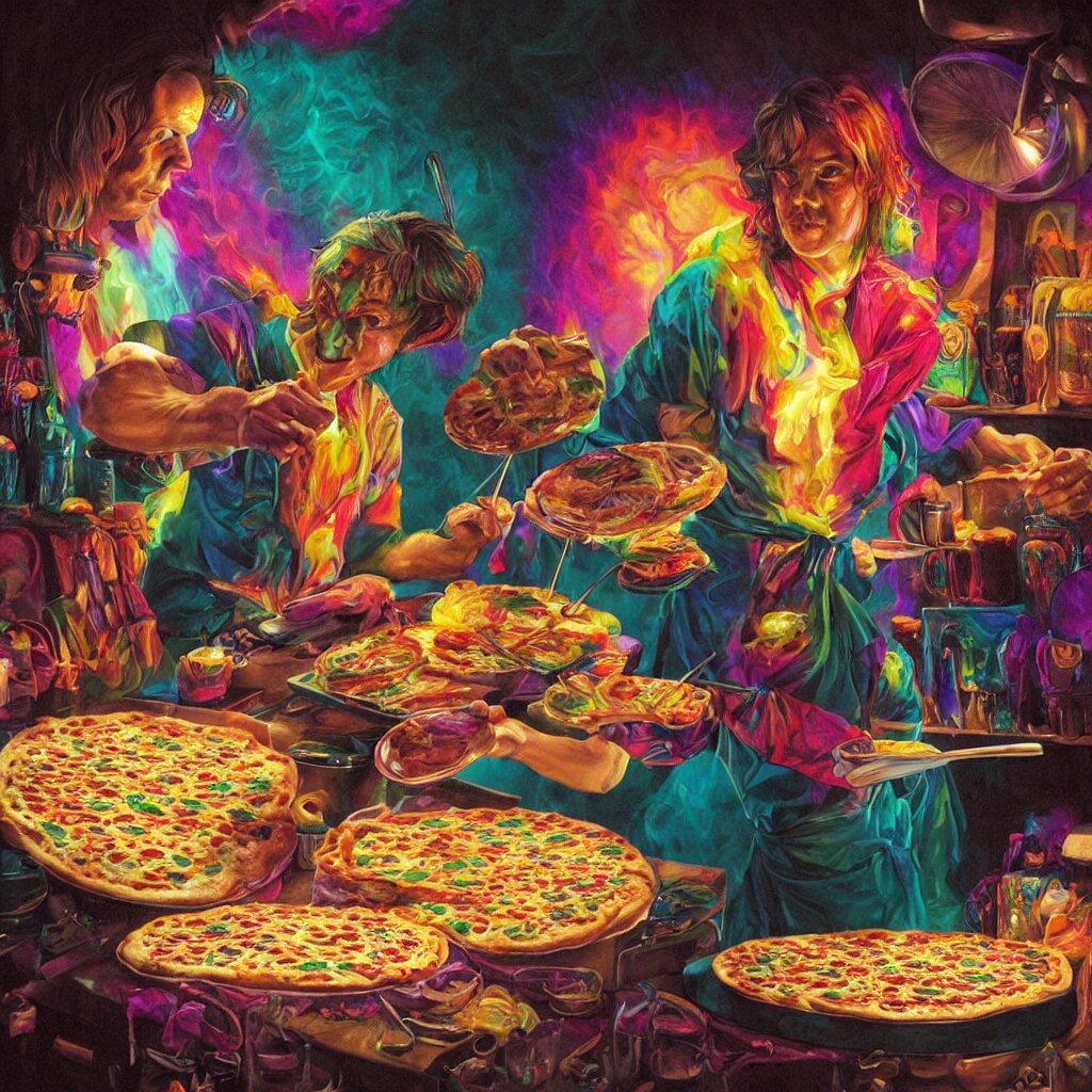 bright psychedelic portrait of_nick_cave_baking_a_pizza, diffuse ...