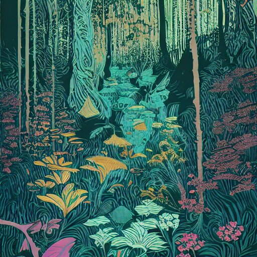 Lexica - Linocut print of lush fantasy forest, amazing art, highly ...