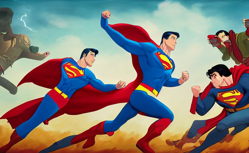 Lexica - Painting of Jake versus superman, Jake is eating bacon ...