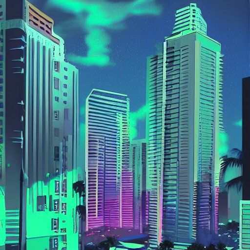 Lexica - Vaporwave city, Miami at night. Digital painting. Beeple. Banksy