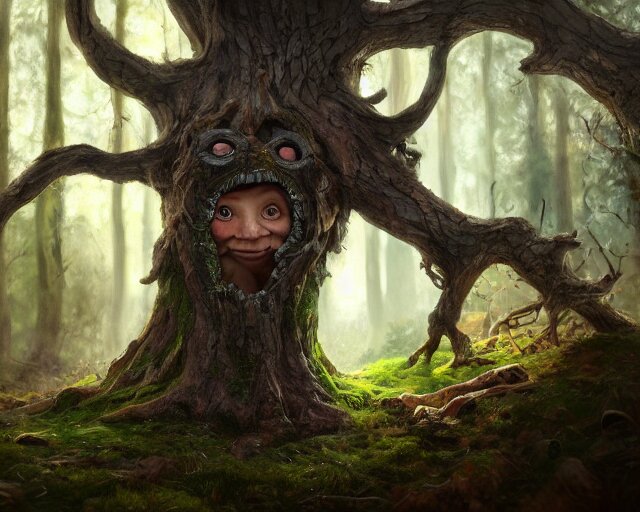 Lexica - A talking tree, a smiling face in the bark, nose made of wood ...