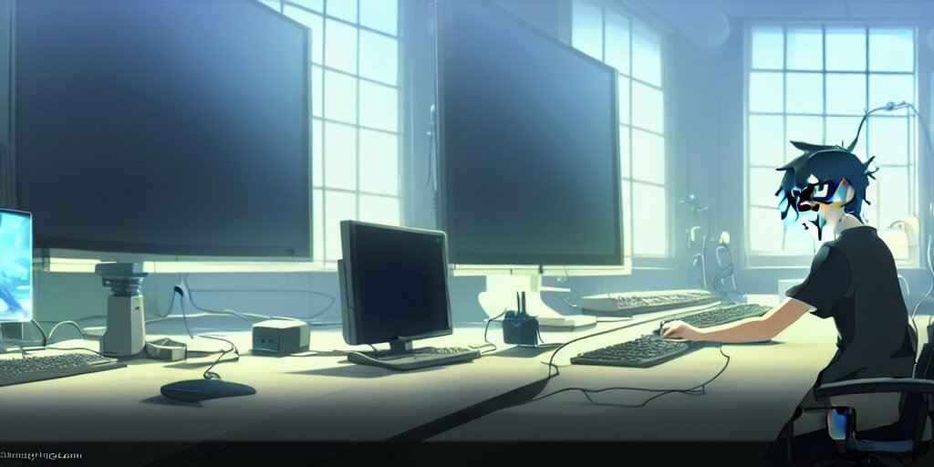 Lexica - A nerdy boy is programming at a computer in a room full of ...